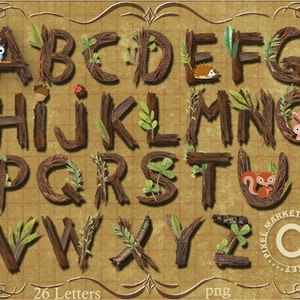 Realistic Wood ALPHABET Wooden Letters Clipart Twig Font Nature ...