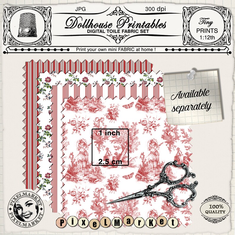 Dollhouse Printable Fabric Set Miniature FABRIC French TOILE Digital ...