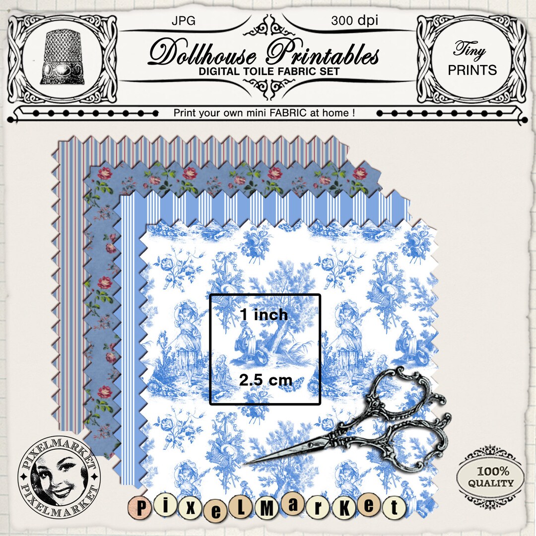 Dollhouse Miniature TOILE FABRIC Printable Set of 4 Coordinating French ...