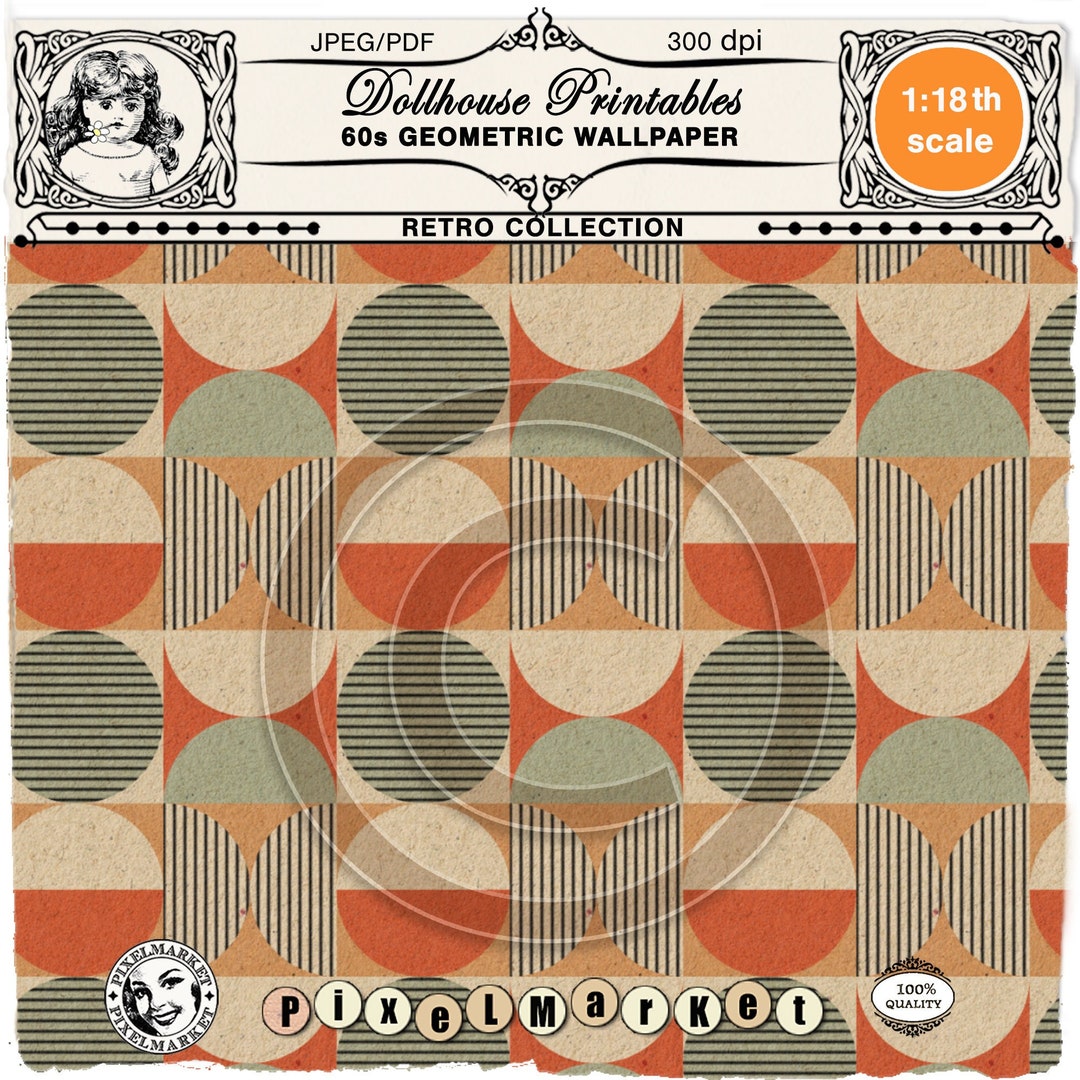 Printable Dollhouse Mid Century WALLPAPER Miniature Retro Circles ...