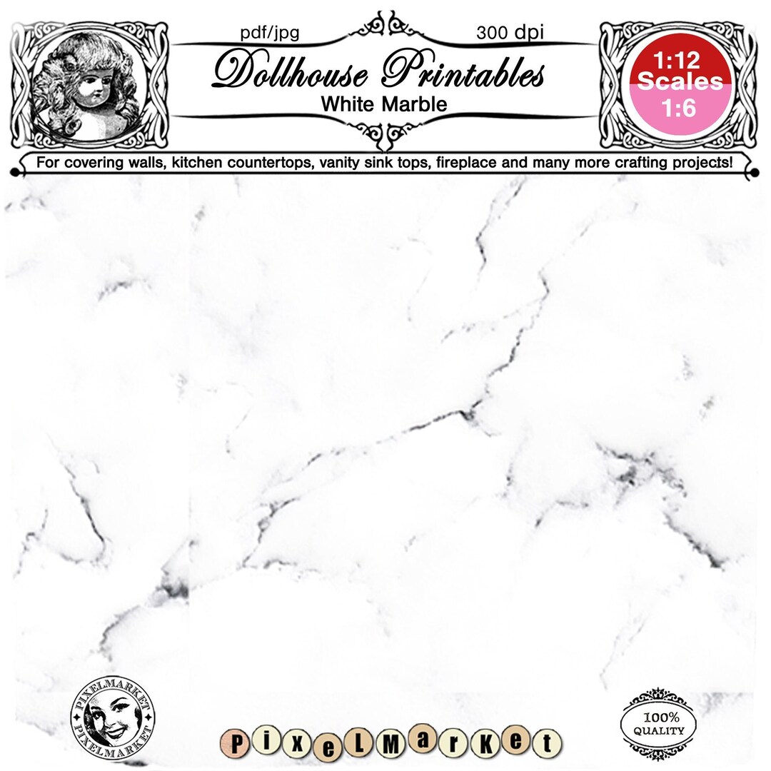 Dollhouse Printable Miniature White Marble Wallpaper For Covering Wall