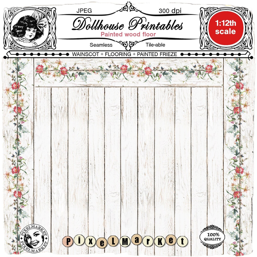 DOLLHOUSE Printable Miniature Painted WOOD FLOOR W/ Frieze White Wooden ...