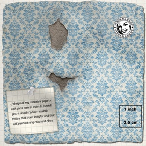 DOLLHOUSE Blue Damask WALLPAPER 1/12th Scale Printable Weathered ...