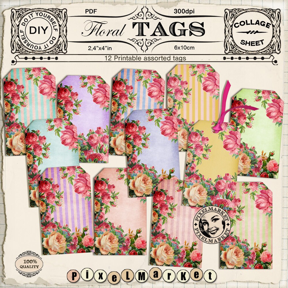 Floral GIFT TAG Cliparts 12 Assorted Printable Boho Tags Collage Sheet ...