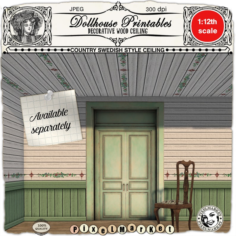 DOLLHOUSE Printable Miniature Painted WOOD FLOOR W/ Frieze White Wooden ...