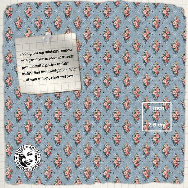 French Dollhouse Antique Floral & Blue Polka Dots WALLPAPERS - Etsy