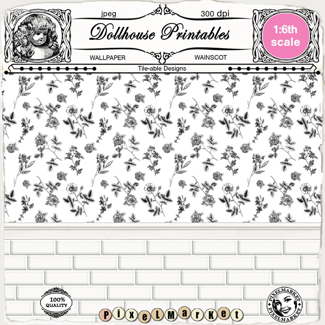 DOLLHOUSE Printable Playscale B&W Floral WALLPAPER W/ Ceramic | Etsy