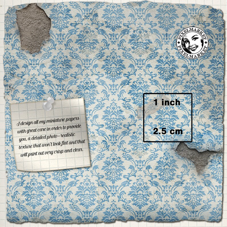 DOLLHOUSE Printable Weathered Damask WALLPAPER Decayed Wall | Etsy