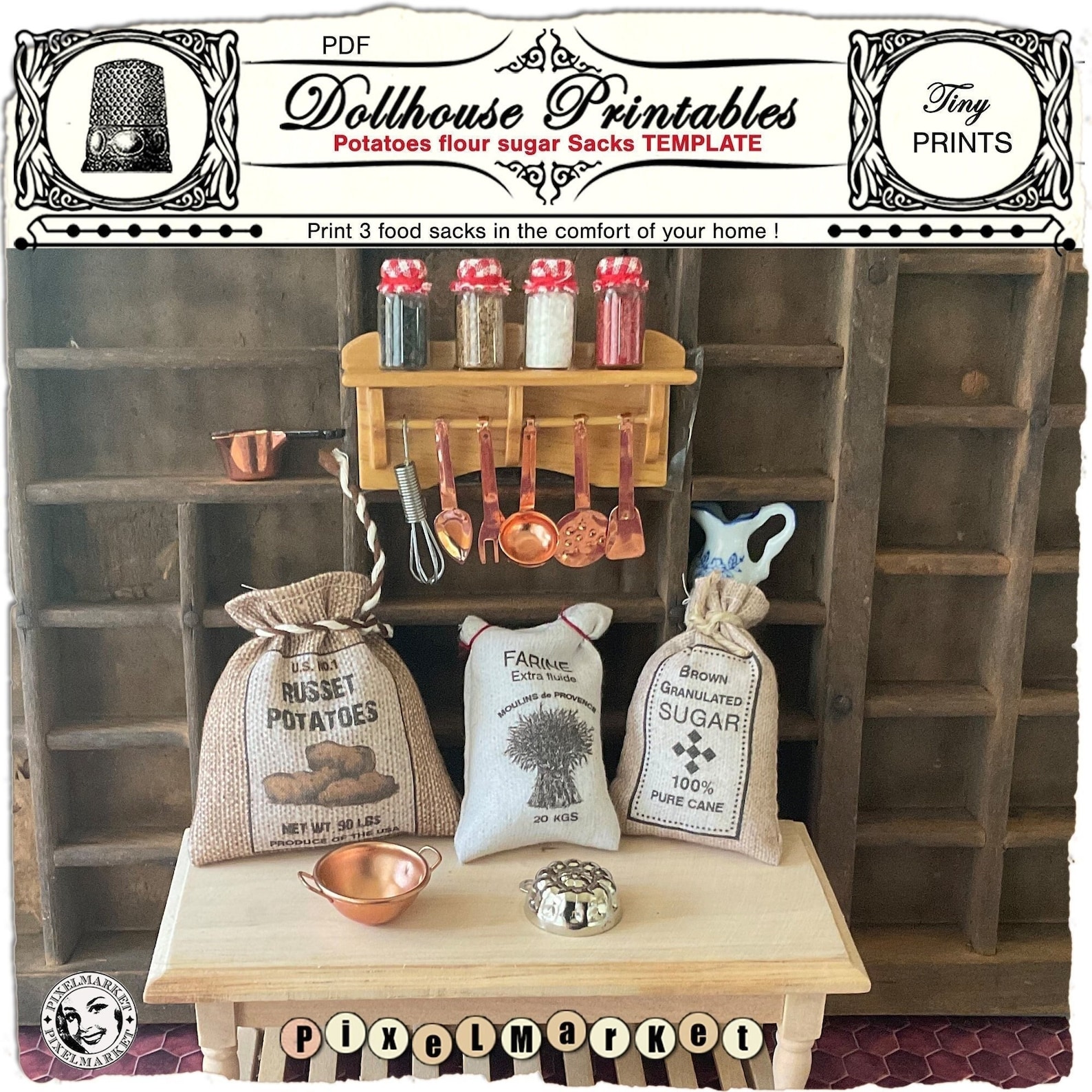 3 Miniature Food Sacks Printable TEMPLATE Flour Sugar and - Etsy