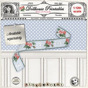Dollhouse 1/12 Miniature WALLPAPER With Rose Floral BORDER and WAINSCOT ...