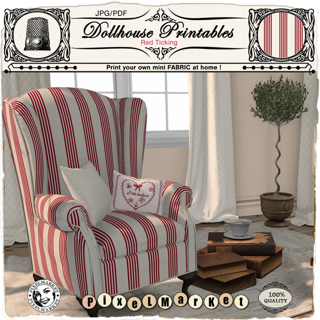 Dollhouse PRINTABLE FABRIC Miniature Red Ticking Upholstery Digital ...