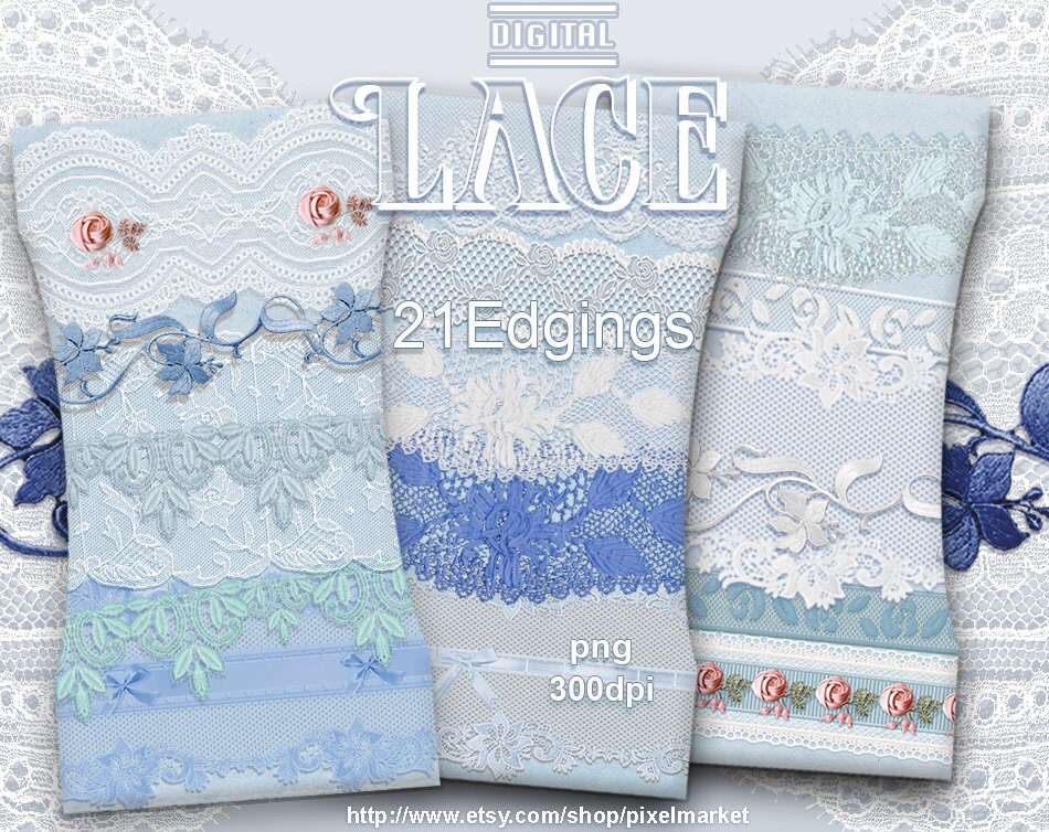 Lace Ribbon Border Clipart Blue White Floral Edging Digital | Etsy