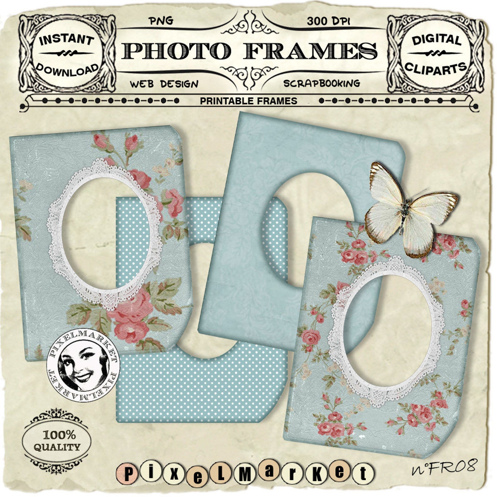 Oval PHOTO FRAME Cliparts Set of 4 Floral Shabby Picture - Etsy
