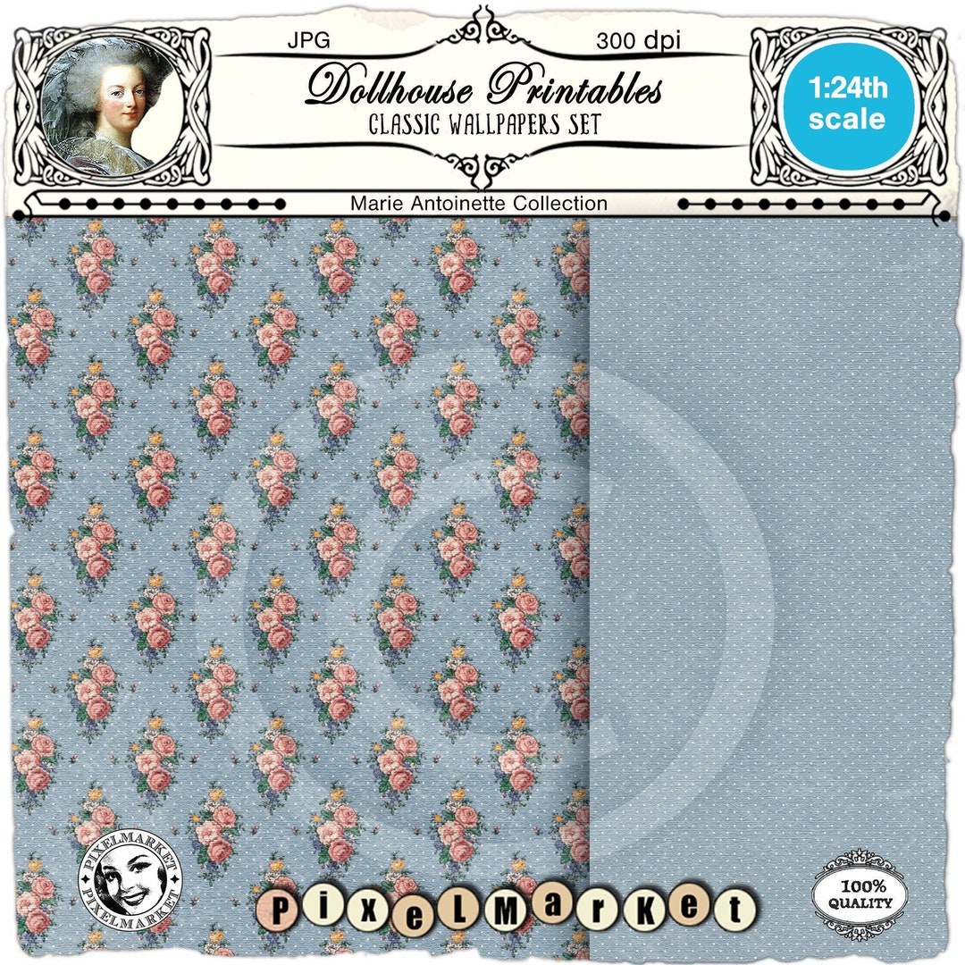 French Dollhouse Antique Floral & Blue Polka Dots WALLPAPERS Set ...