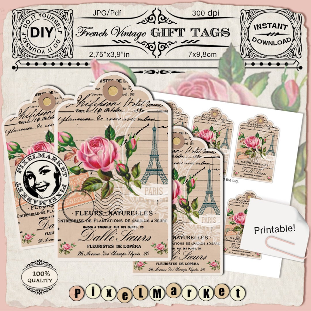 Printable Gift TAG CLIPART Digital Hangtag French Vintage Postcard ...