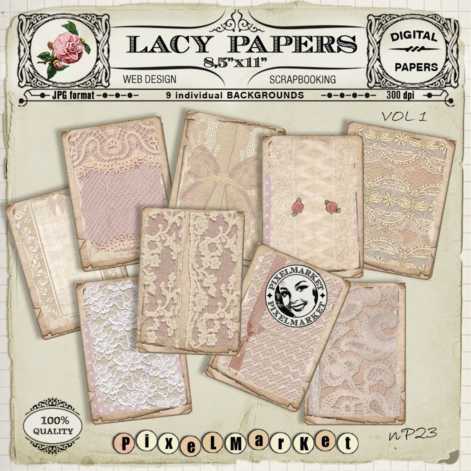 Printable Vintage Lace Background DIGITAL LACE Scrapbooking PAPER Large ...