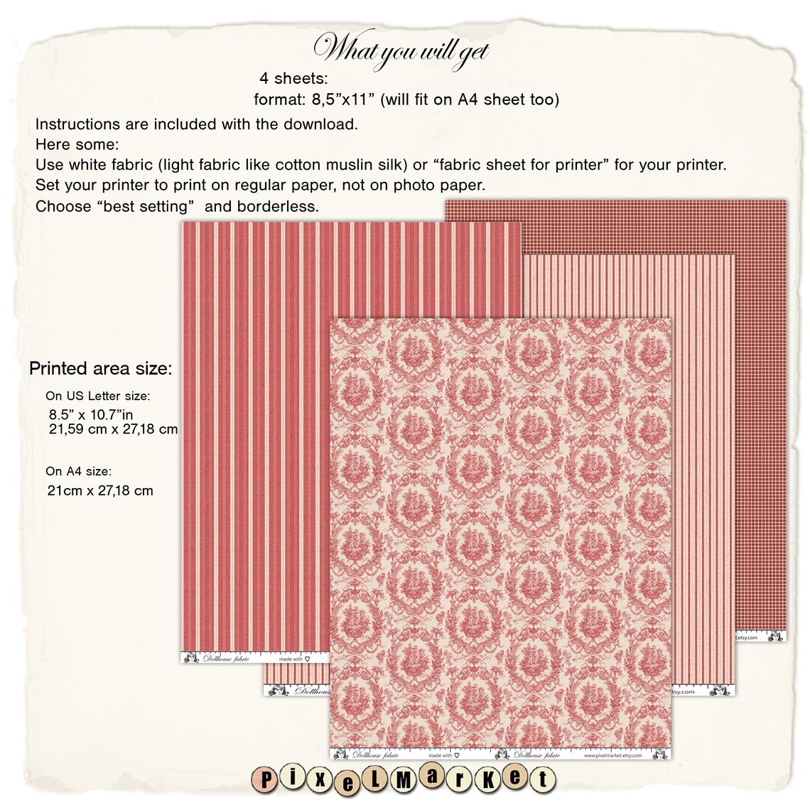 FRENCH TOILE FABRIC Printable Set of 4 Miniature Red Fabric - Etsy