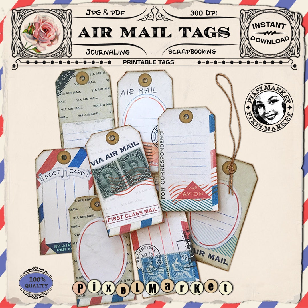 Air Mail TAG Set of 8 Correspondence Tag CLIPARTS Collage Sheet ...