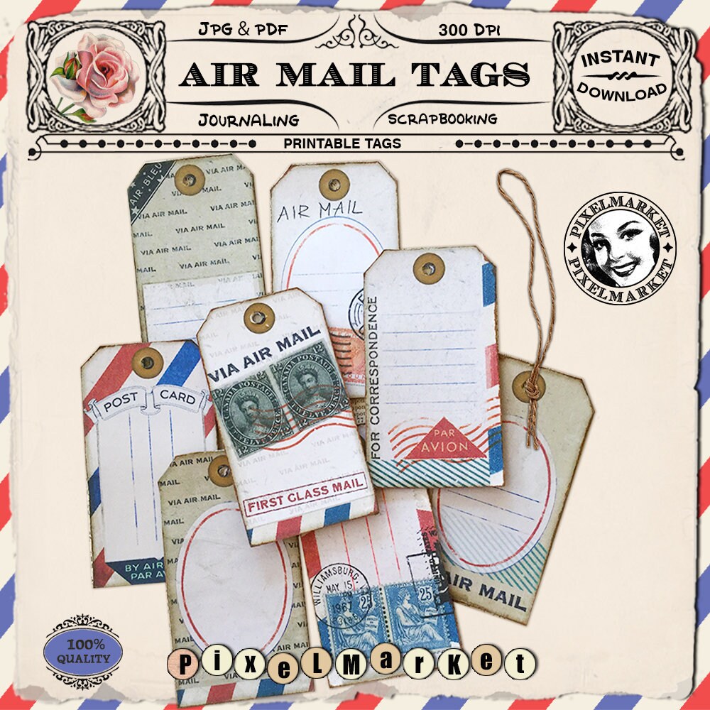 Air Mail TAG Set of 8 Correspondence Tag CLIPARTS Collage | Etsy