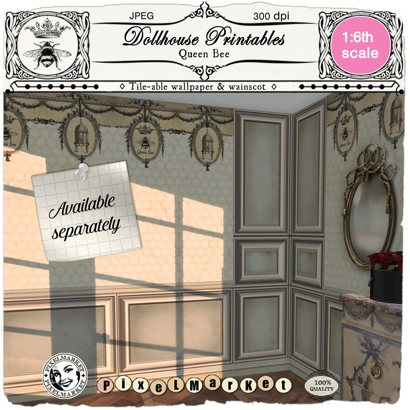 Printable Set of 2 Dollhouse WALLPAPERS W/ Floral BORDER & WAINSCOT ...
