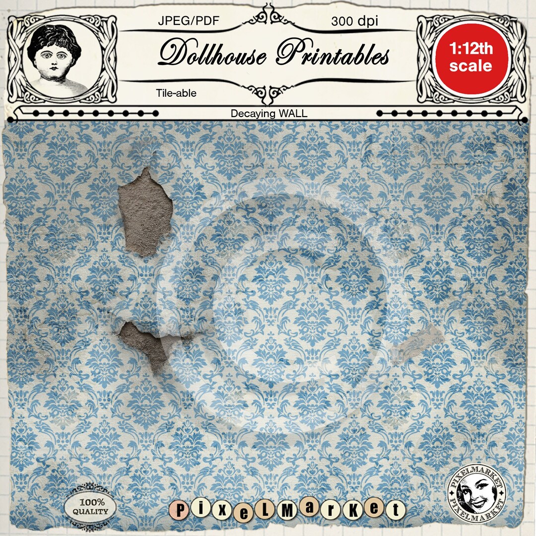DOLLHOUSE Blue Damask WALLPAPER 1/12th Scale Printable Weathered ...