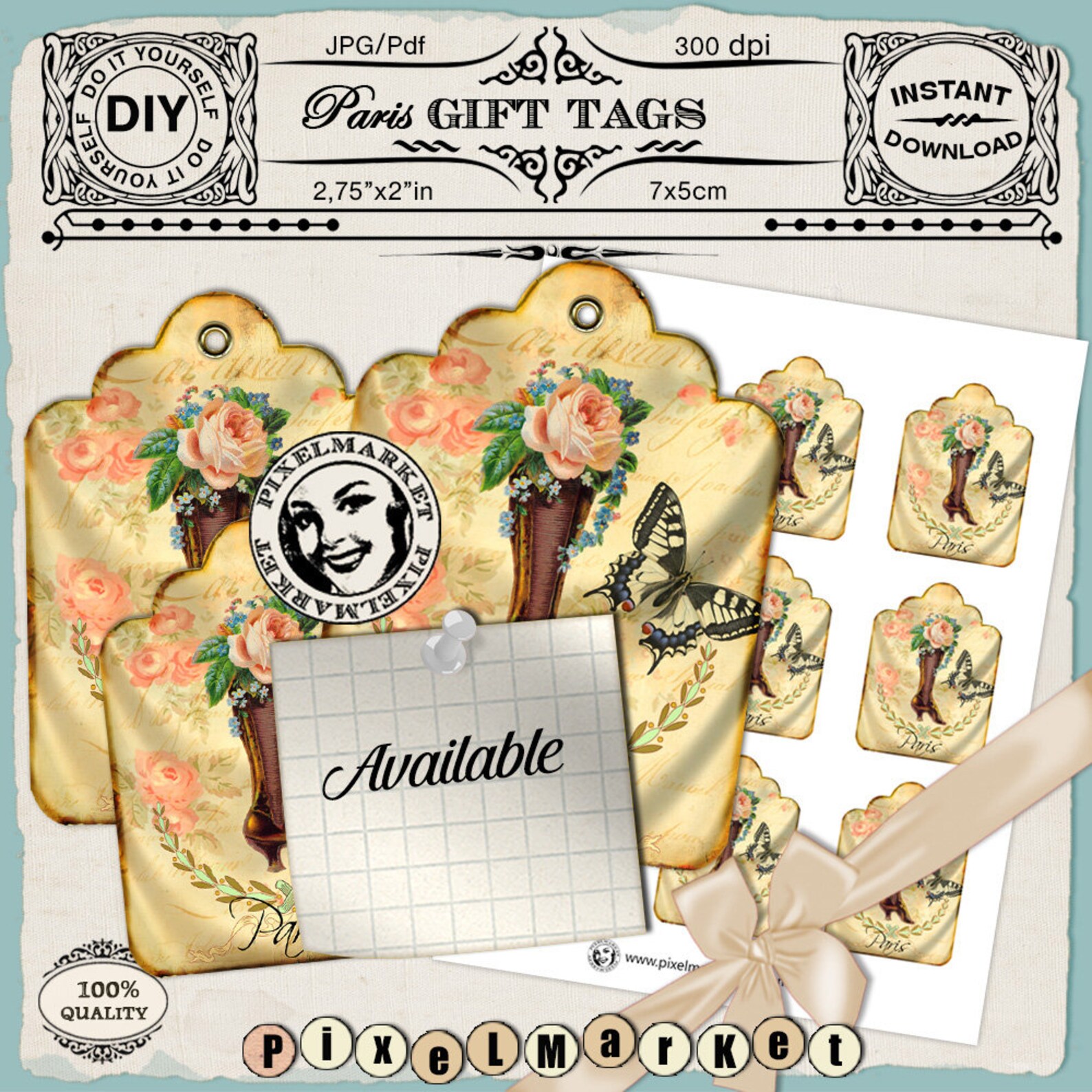 French Vintage Gift Tags Digital Collage Sheet EIFFEL TOWER PARIS ...