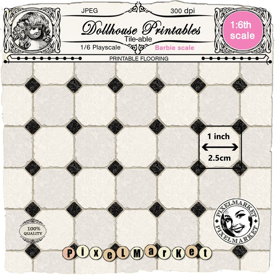 PLAYSCALE DOLLHOUSE FLOORING 1/6th Barbie Printable Beige Checkered ...