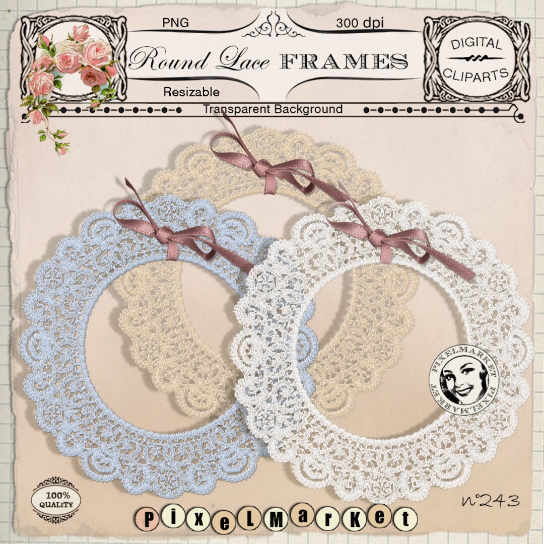 Lace FRAME Cliparts SET of 3 Round Photo Frames With Lace & Ribbon ...