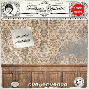 DOLLHOUSE Printable Damask WALLPAPER W/ WAINSCOTING Weathered Old Wall ...