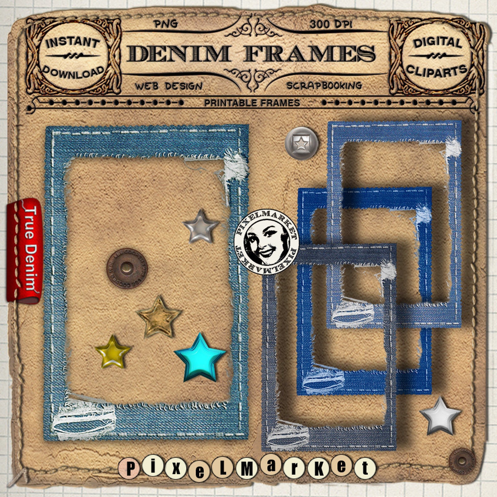 Denim FRAME Cliparts KIT Distressed Denim Picture FRAME Printable ...