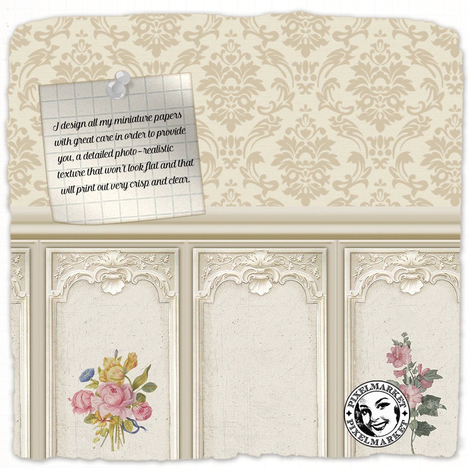 DOLLHOUSE Printable Barbie Scale Damask WALLPAPER With WAINSCOTING ...