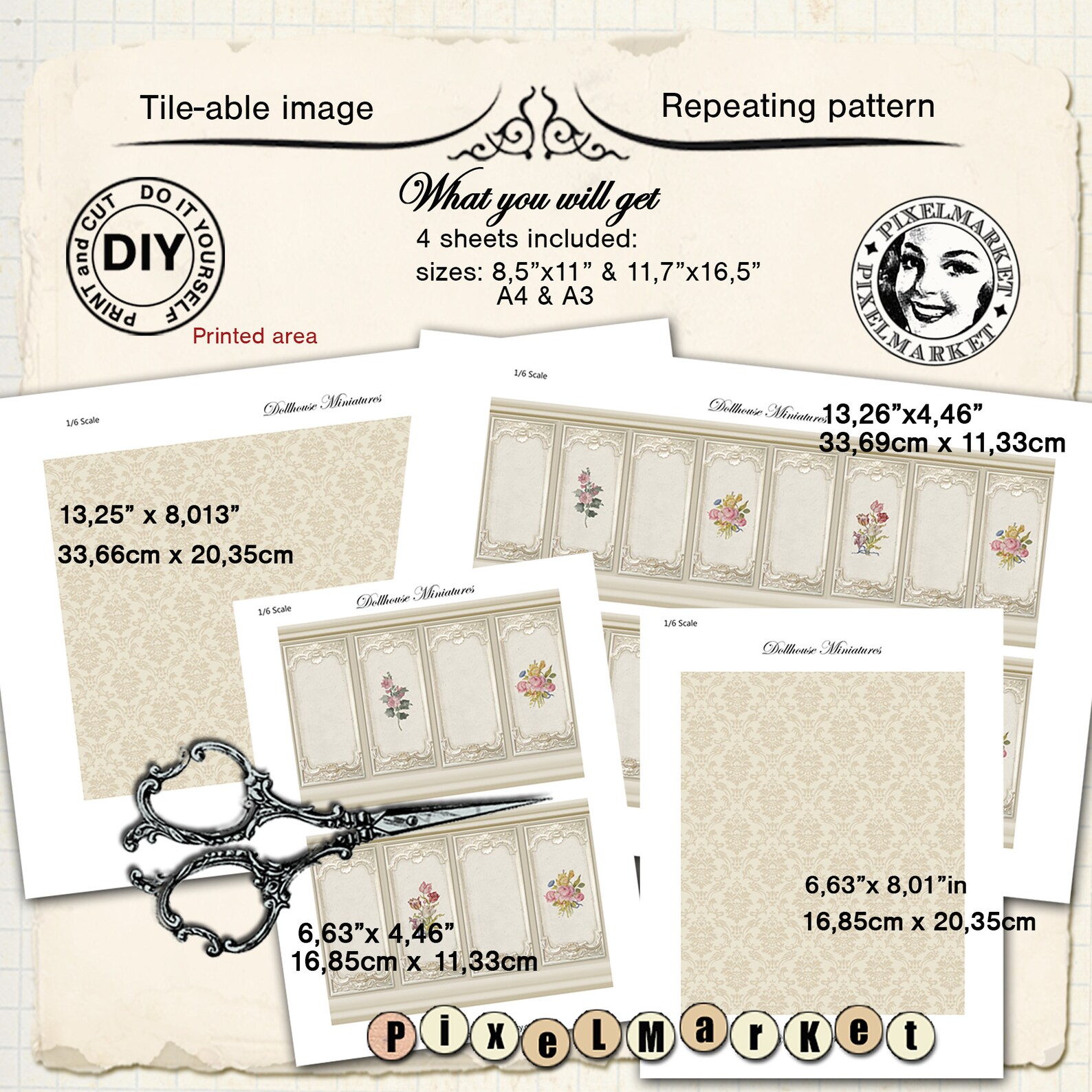 DOLLHOUSE Printable Barbie Scale Damask WALLPAPER With WAINSCOTING ...