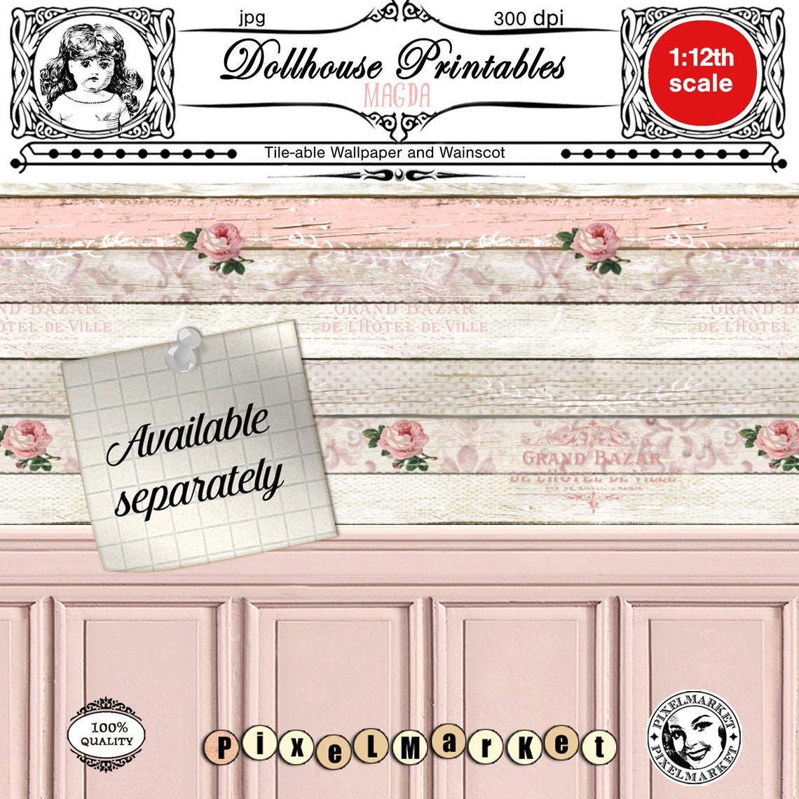 Dollhouse WALLPAPER With Rose Floral BORDER for 1/12th Scale Miniature ...