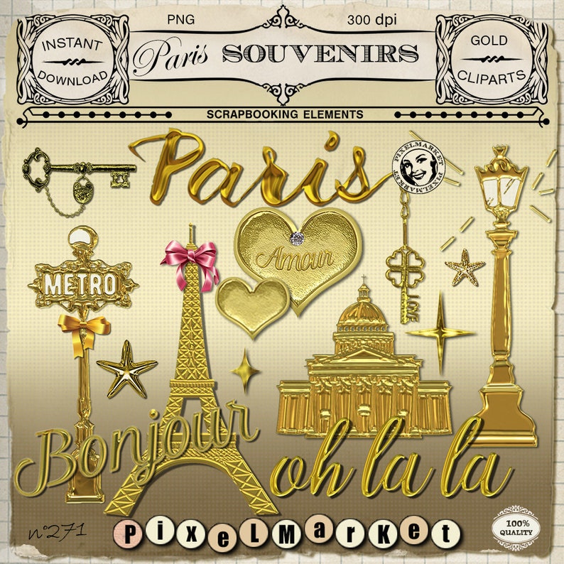 Gold Travel Cliparts Set of 18 Paris Overlays French Souvenir Trinket ...