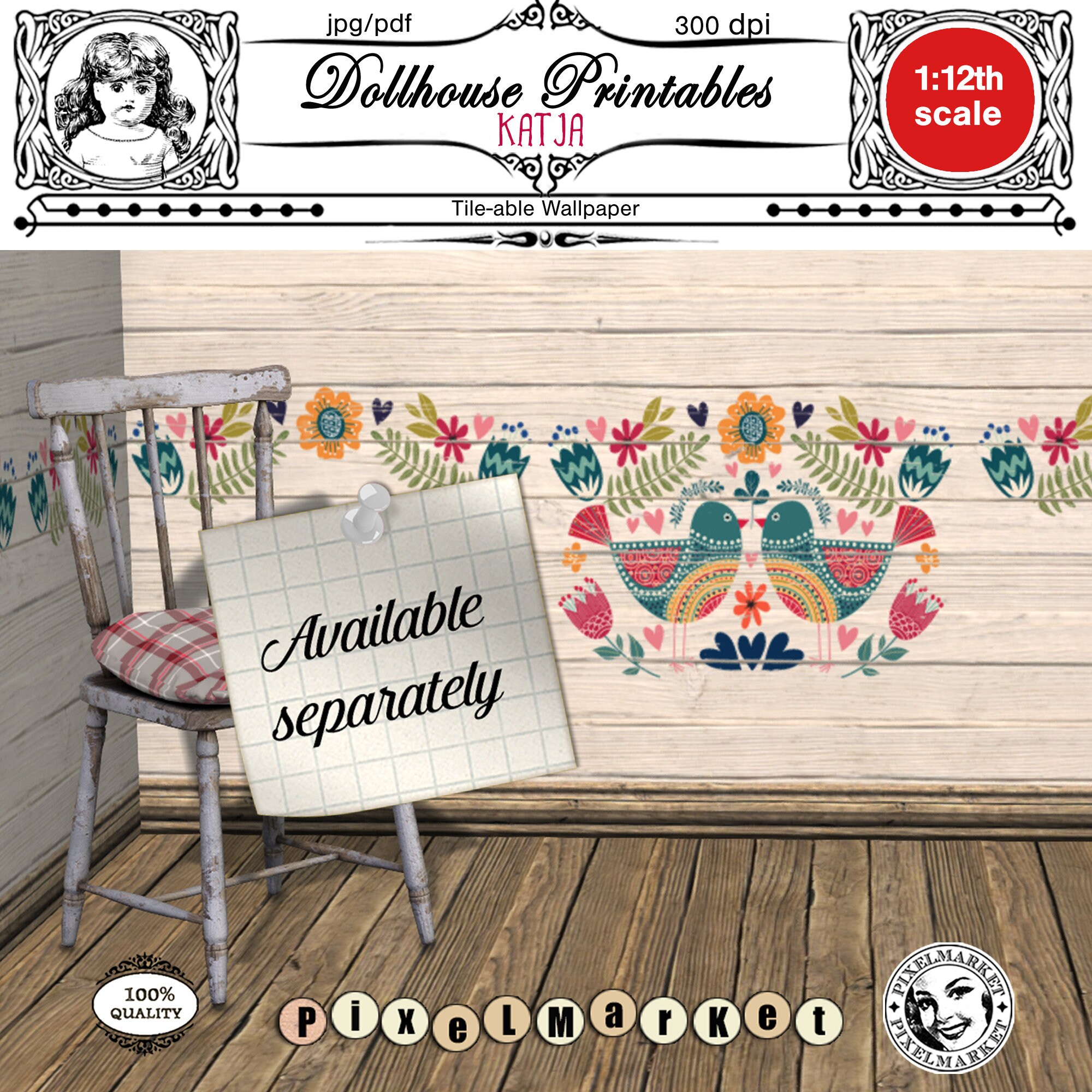 DOLLHOUSE Printable Wood Floor Rustic Wooden Flooring 1/12th Scale ...