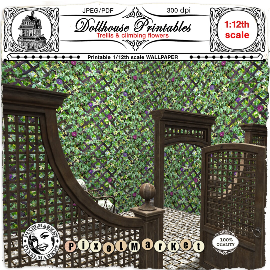 DOLLHOUSE PRINTABLE BACKDROP Trellis Wallpaper W/ Climbing Flowers ...
