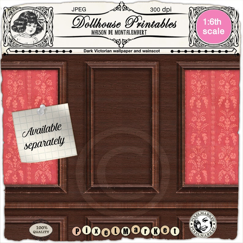 French Dollhouse Wallpaper With Wood Wainscot Putti Border Printable ...