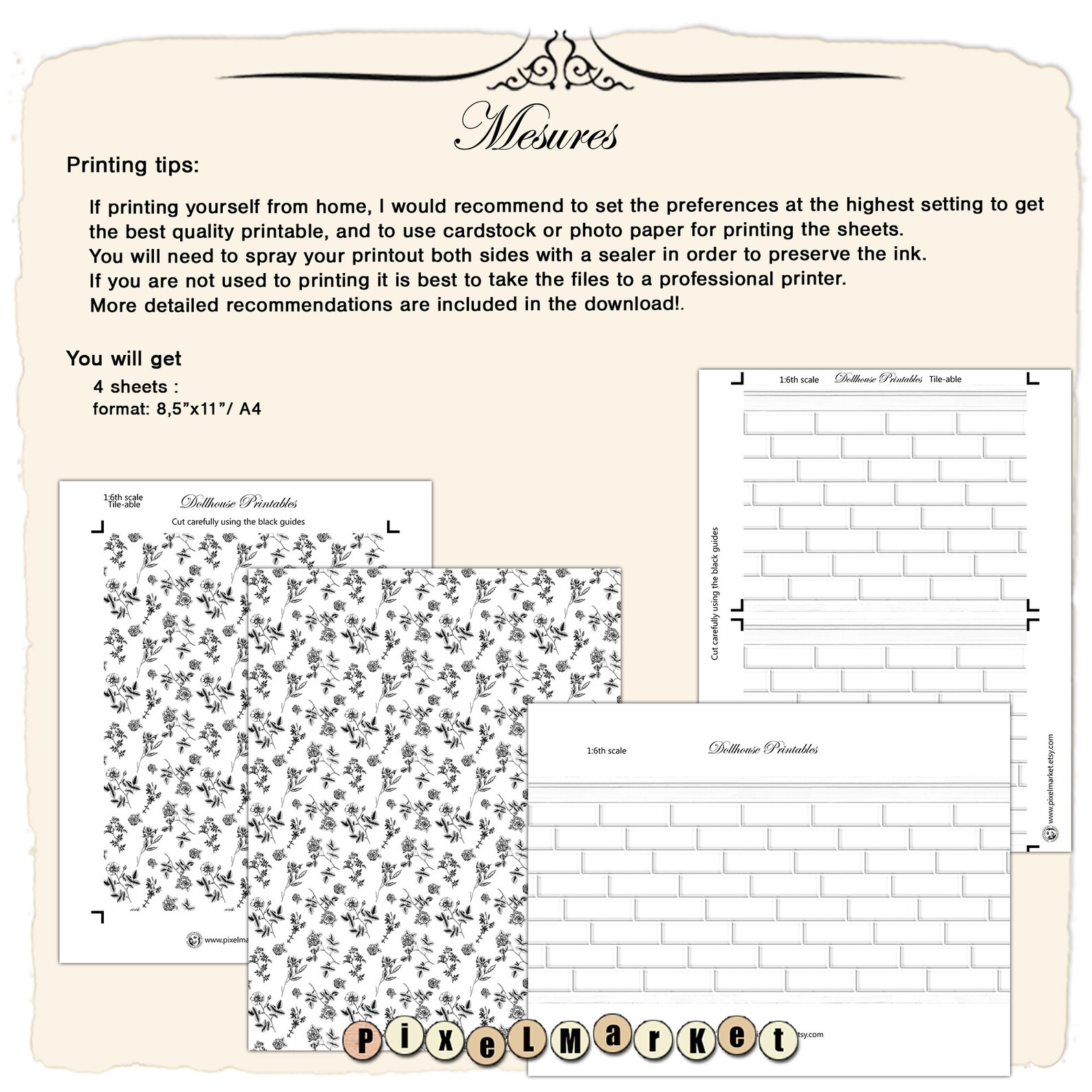 DOLLHOUSE Printable Playscale B&W Floral WALLPAPER W/ Ceramic - Etsy