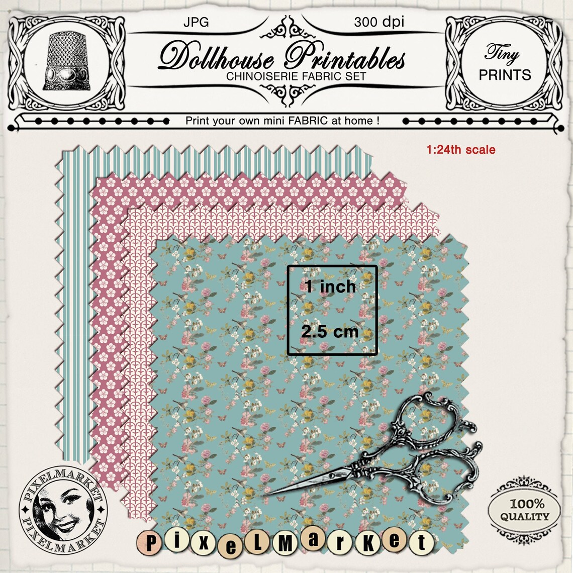 MINIATURE Print at Home FABRICS Chinoiserie Print 1/24th Scale - Etsy