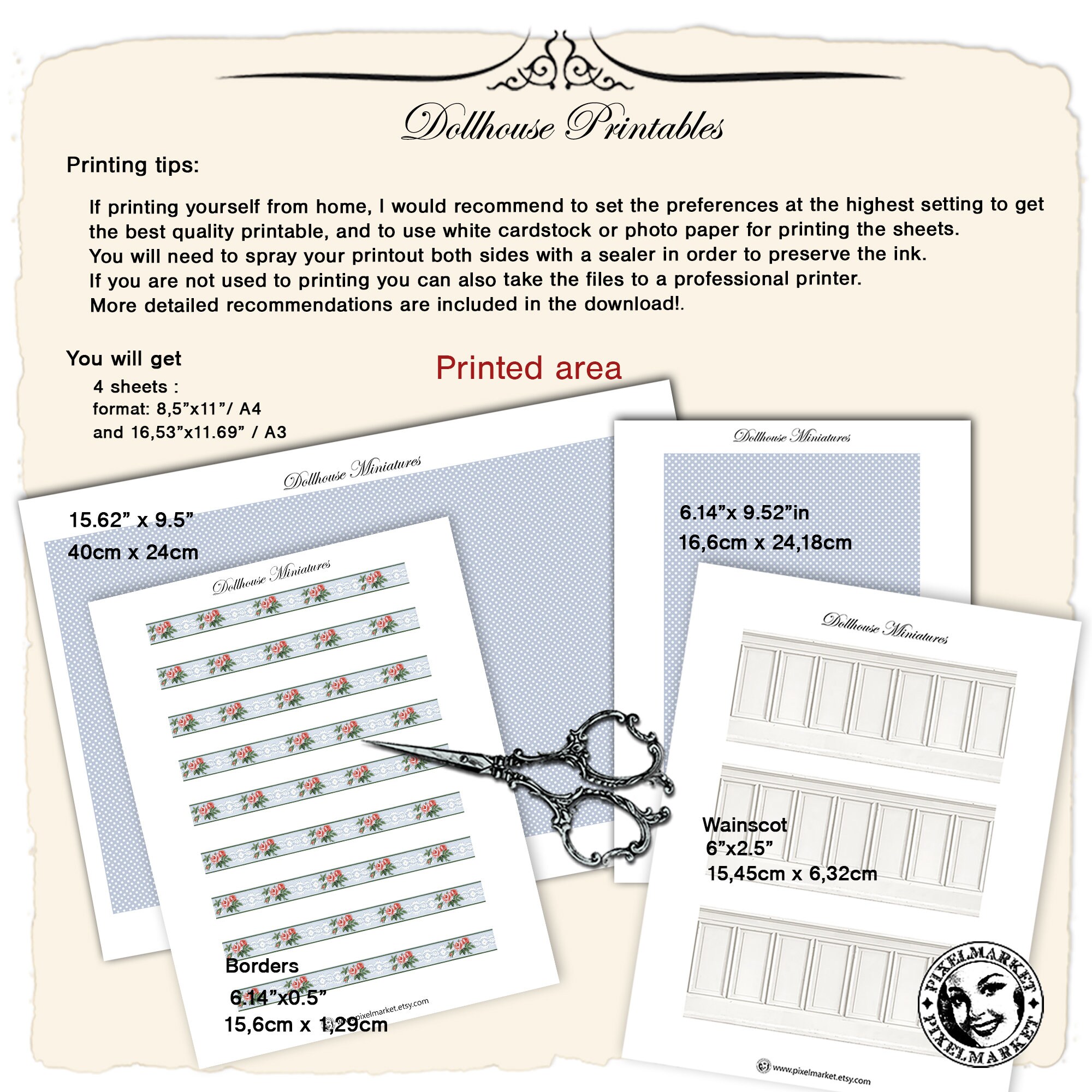 Dollhouse Printable 1/12th Scale Miniature WALLPAPER With Rose | Etsy