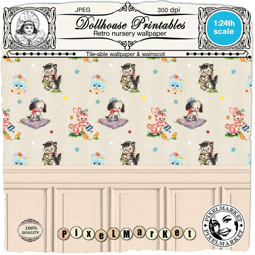 Half Scale DOLLHOUSE Miniature Retro Nursery Wallpaper W/ Wainscot Kid ...