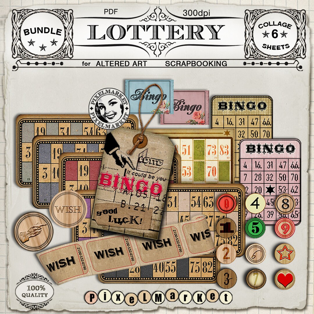 Vintage BINGO SET Printable Bingo Game Cliparts LOTTERY Card and ...