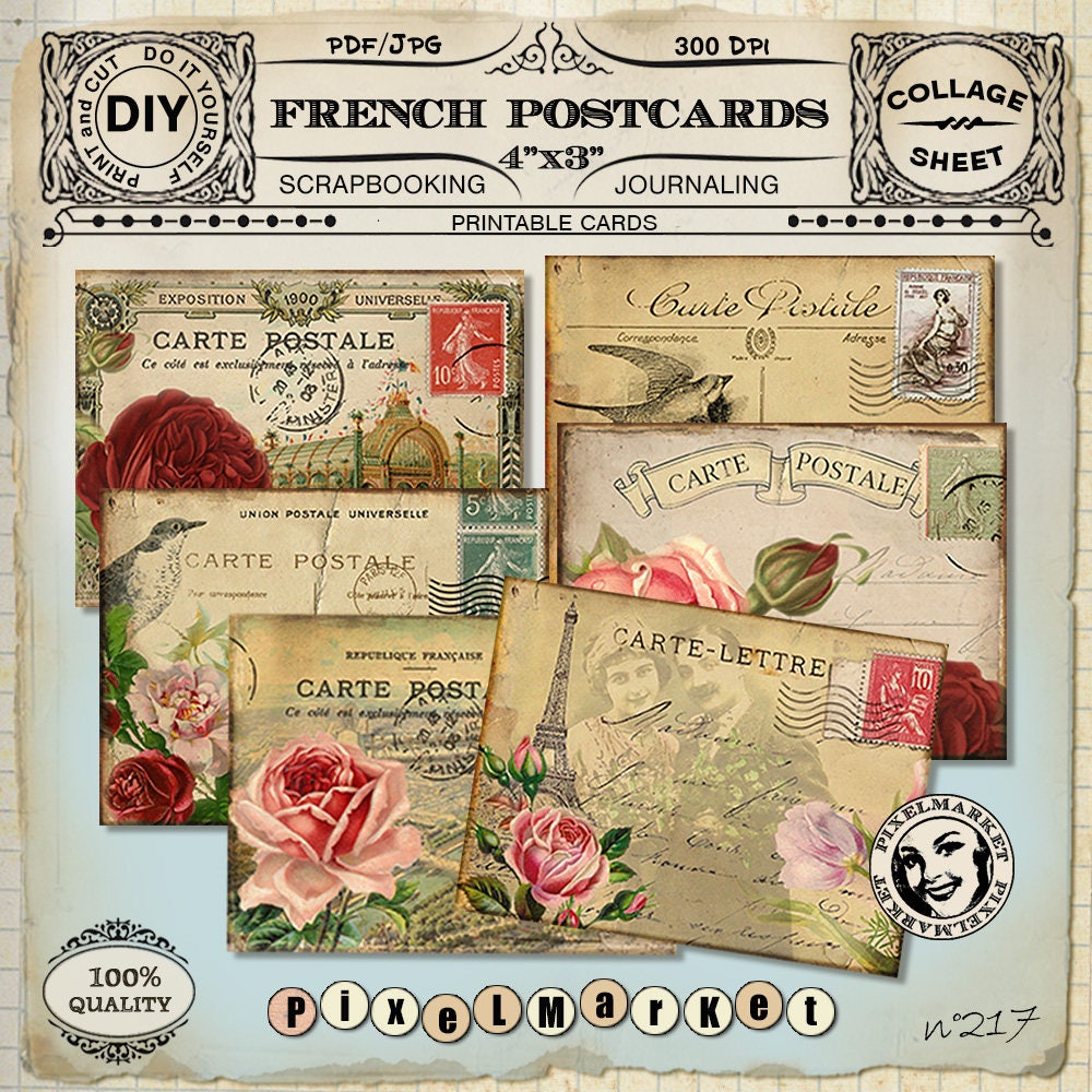 FRENCH VINTAGE POSTCARDS 4x3 Digital Collage Sheet | Etsy