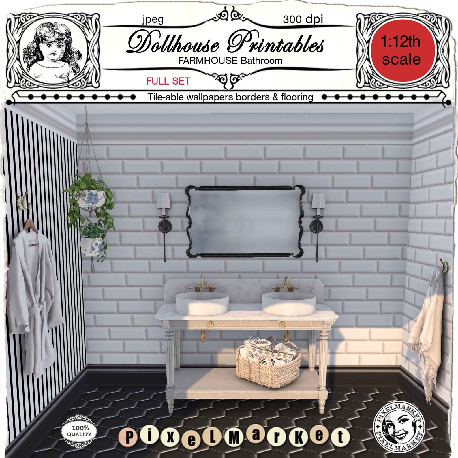 DOLLHOUSE Printable Wallpapers W/ Border and Black Hexagon - Etsy