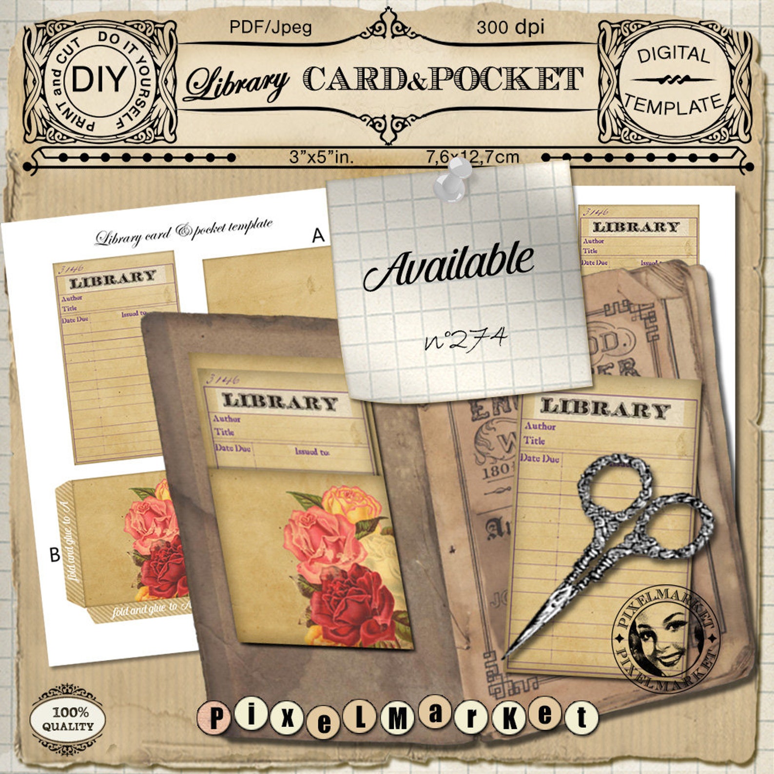 French Vintage Library Card & Pocket TEMPLATE 3x5 Inch Pocket | Etsy