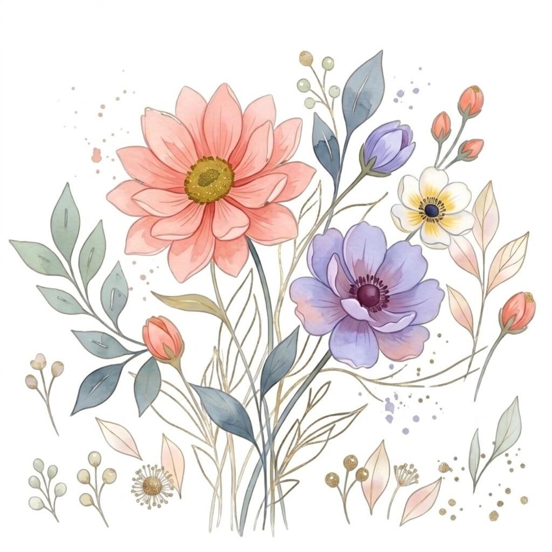 Watercolor Floral Clipart Bundle, Hand-painted Flowers, PNG Graphics ...