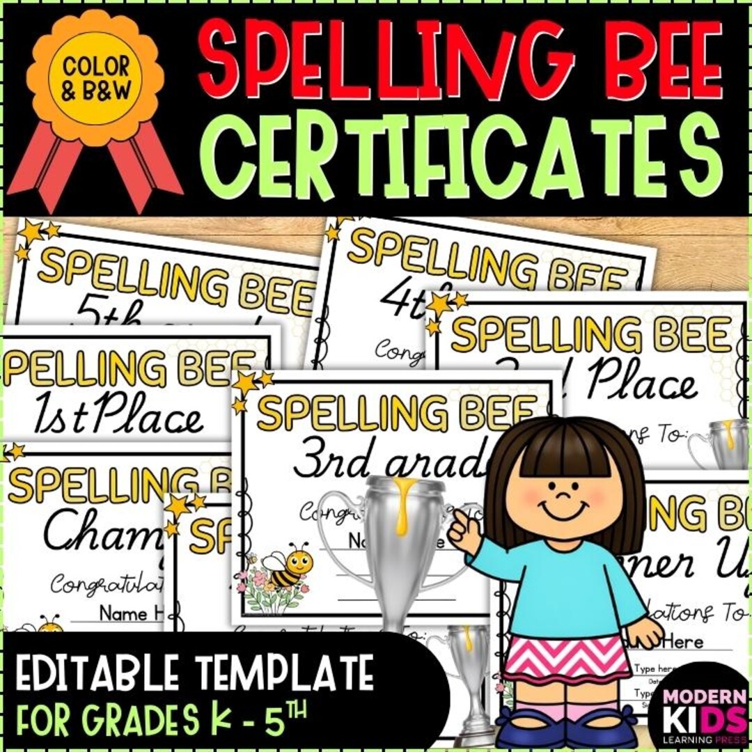 Editable Spelling Bee Certificates | Classroom Awards K-5 | Spelling ...