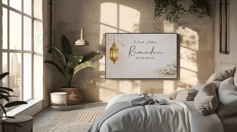 Ramadan Mubarak Samsung Frame TV Art, Gold Lantern Crescent Watercolor ...