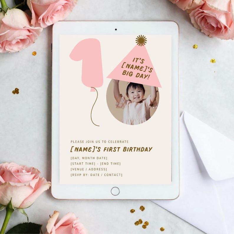 Pink Gold First Birthday Invitation Girl, Editable Canva Template ...