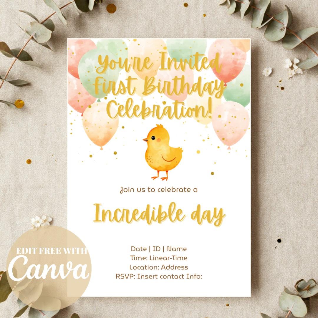 Editable First Birthday Invitation, Gold Elegant Chick Design (canva ...